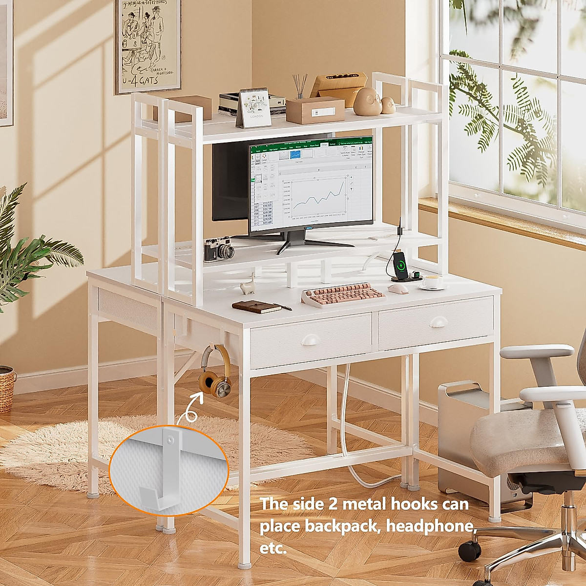 Furologee Small White Desk with Drawers, 36 Inch Home Office Computer Desk with Power Outlet and LED Light, Vanity Desk with Storage Shelves, Modern Work/Writing/Study Table for Bedroom, White