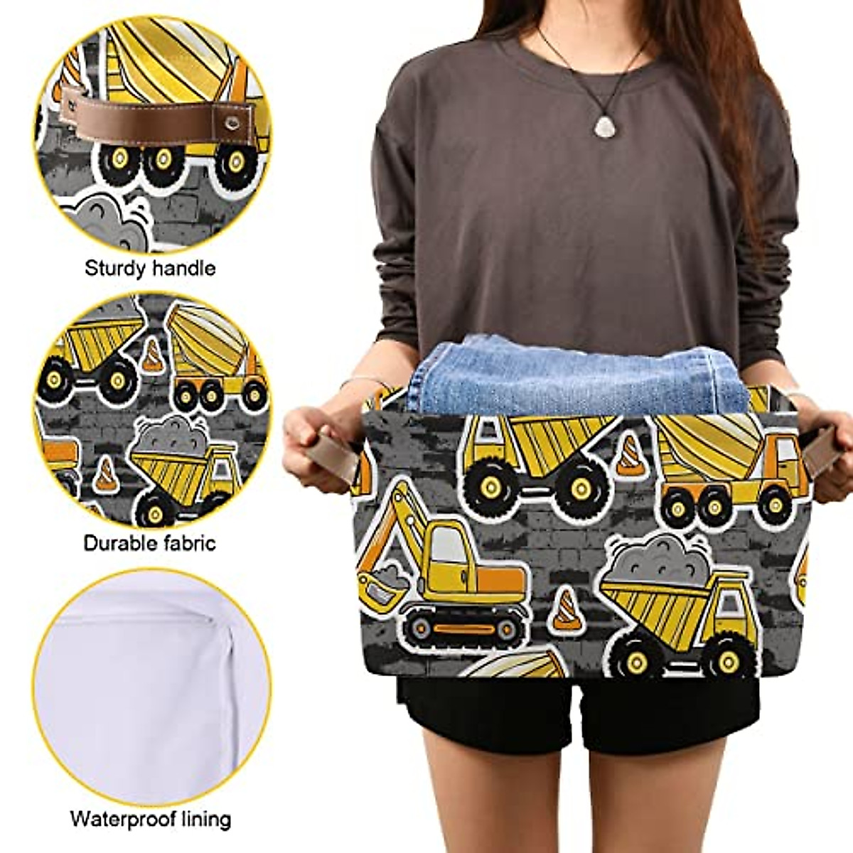 susiyo Storage Baskets for Shelves, Cartoon Construction Trucks Closet Storage Bins for Organizing Shelf Nursery Toys, Decorative Linen Fabric Bins Cubes with PU Handles 1 Pack