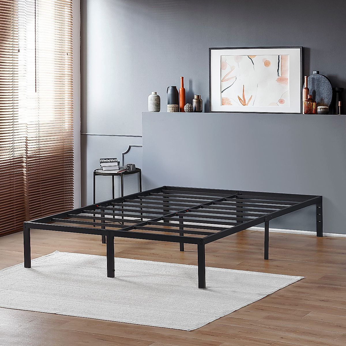PrimaSleep 18 Inch Tall Heavy Duty Steel Slat Bed Frame/Anti-Slip Support/Easy Assembly Mattress Foundation/No Noise/No Box Spring Needed/Full/Black