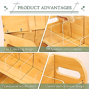 Bamboo Tea Bag Organizer, 3-Tier Tea Bag Holder Storage Organizer, Stackable Tea Packet Rack/Shelf, Tea Station Stand with Acrylic Partition for Counter, Cabinet and Pantry