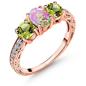 Gem Stone King 1.85 Ct Oval Cabochon Pink Simulated Opal Green Peridot 18K Rose Gold Plated Silver Ring (Size 9)