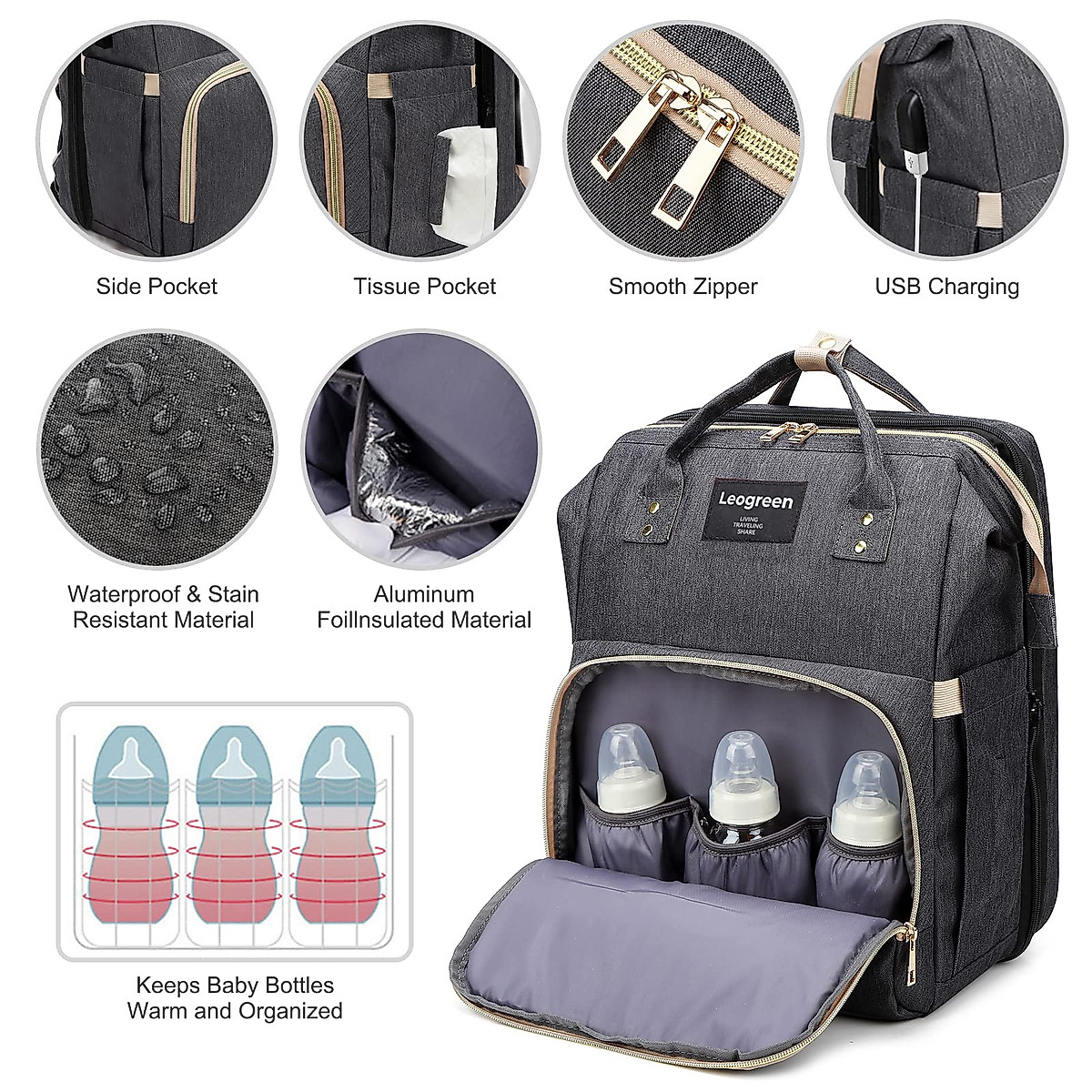 Leogreen Diaper Bag Backpack, Waterproof Travel Nappy Bags with USB Charging Port, Large Capacity Baby Bag with Stroller Straps Thermal Pockets, Black