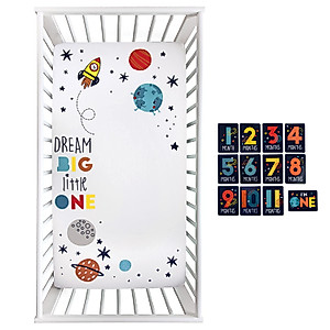 Fisher Price Space Explorer Baby Milestone Sheet, Fitted Crib Sheet Cotton Stars Space Themed Nursery Bedding 28x52” Fitted Crib Sheet for Boys