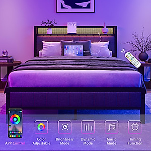 BOFENG Full Size Bed Frame with Storage Headboard/LED Lights,Heavy Duty Metal Upholstered Platform Bed Frame Full Size with Charging Station,Heavy Duty Metal Slats,No Box Spring Needed,Noise Free,Grey