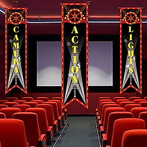 3Pcs Movie Night Porch Sign Banner Movie Theme Party Decorations Movie Theater Welcome Now Showing Lights Camera Action Hanging Porch Sign for Home Film Backdrop Party Supplies