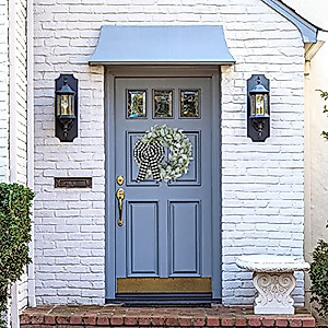 CEWOR 22 Inch Fall Wreath Flocked Lambs Ear Wreaths for Front Door Spring Summer Greenery Wreath for Wall Window with Two Bows (Burlap & Buffalo Plaid Bow)