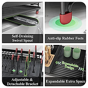 Dish Drying Rack, Expandable Dish Racks for Kitchen Counter, Multifunctional Extra Large Dish Strainers with Cutlery & Pan Holders, Extendable Anti-Rust Dish Drainers with Drainboard for Kitchenware