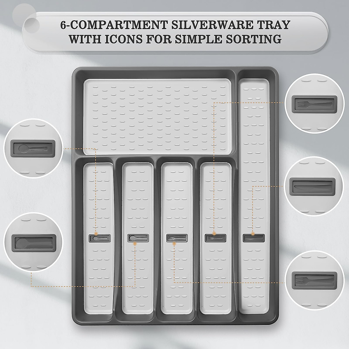24-Piece Silverware Set with Organizer，Heavy Duty Stainless Steel Flatware Cutlery Tableware Set for 4，Includes 6-Compartment Silverware Tray with Cutlery Icons，Silverware Set with Steak Knives