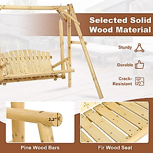 HOMEDIARY Wooden 2-Seat Porch Swing with A-Frame Stand, Outdoor Patio Swing Chair Bench w/Slatted Design, Outside Swing Bench w/550lbs High Capacity for Garden Patio Backyard Porch, Natural