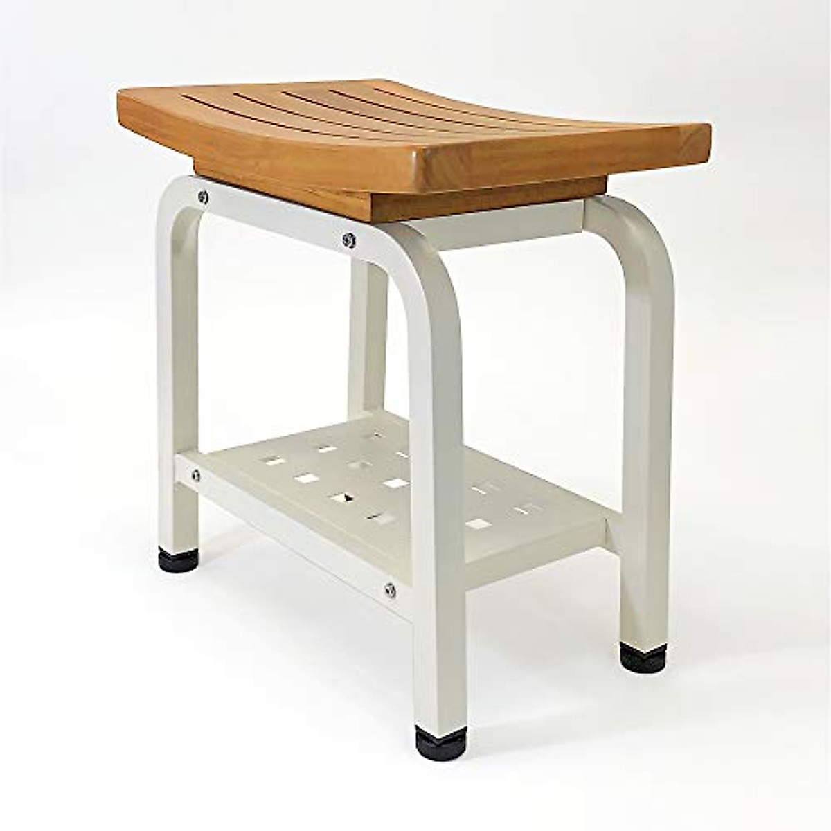 Bali Teak & Aluminum Indoor Outdoor Shower/Bath/Spa/Patio Stool Bench, Seat Chair with Storage Shelf and Adjustable TPR Feet, Anthology Spa Collection, B103/BGE (Light Beige)