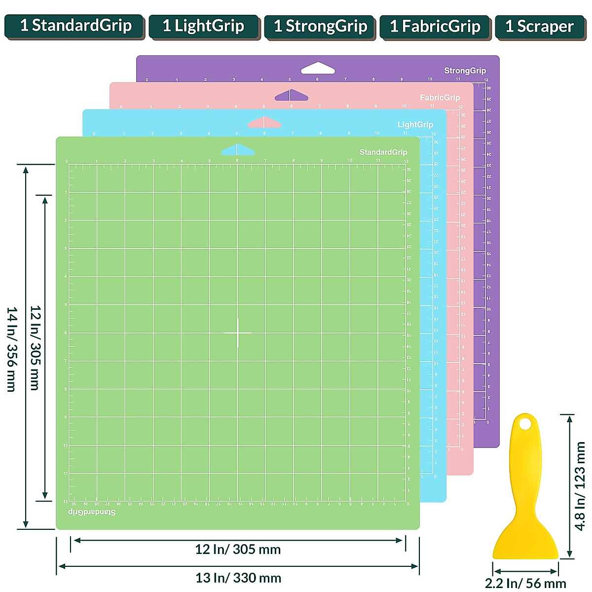 WISYOK 4 Pack 12x12 Inch Cutting Mats for Cricut Explore Air 2/Air/One/Maker, Adhesive Sticky Replacement Cut Mats (Standard, Light, Strong, Fabric) for Crafts, Quilting, Sewing