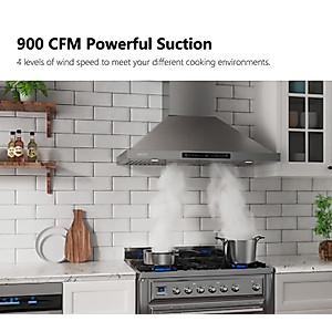 IKTCH 30-inch Wall Mount Range Hood 900 CFM Ducted/Ductless Convertible, Kitchen Chimney Vent Stainless Steel with Gesture Sensing & Touch Control Switch Panel, 2 Pcs Adjustable Lights(IKP02-30'')