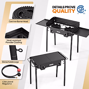 ROVSUN 2 Burner Gas Stove with Side Shelves, 150,000 BTU Portable Propane Stove with Removable Legs, Wind Panels & Regulator for Camping Home Backyard Cooking Brewing Canning Turkey Frying