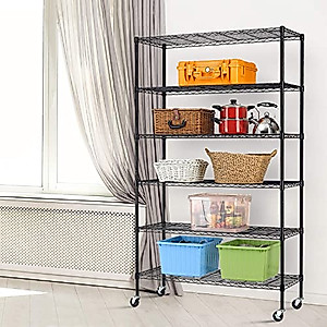 HCY 6-Tier Storage Shelf Heavy Duty Shelving Unit NSF Height Adjustable Metal Rack with Wheels for Laundry Bathroom Kitchen Garage Pantry Organization 2100 LBS Capacity-82*48*18 inch, (Black)