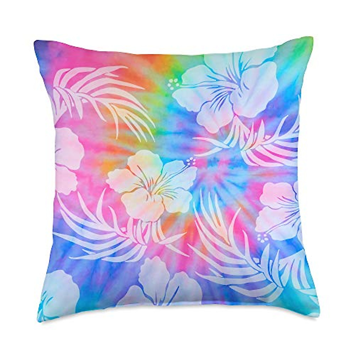 Coconut Girl Aesthetic By Kiki Coconut Girl Hawaiian Print Tie Dye Pastel Rainbow Hibiscus Throw Pillow, 18x18, Multicolor