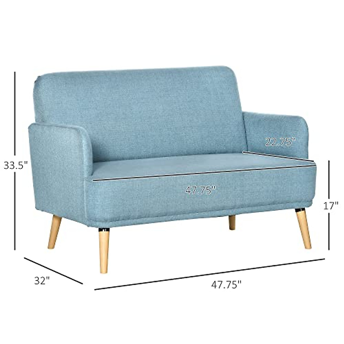 HOMCOM 48" Loveseat Sofa for Bedroom, Modern Love Seats Furniture, Upholstered Small Couch for Small Spaces, Blue