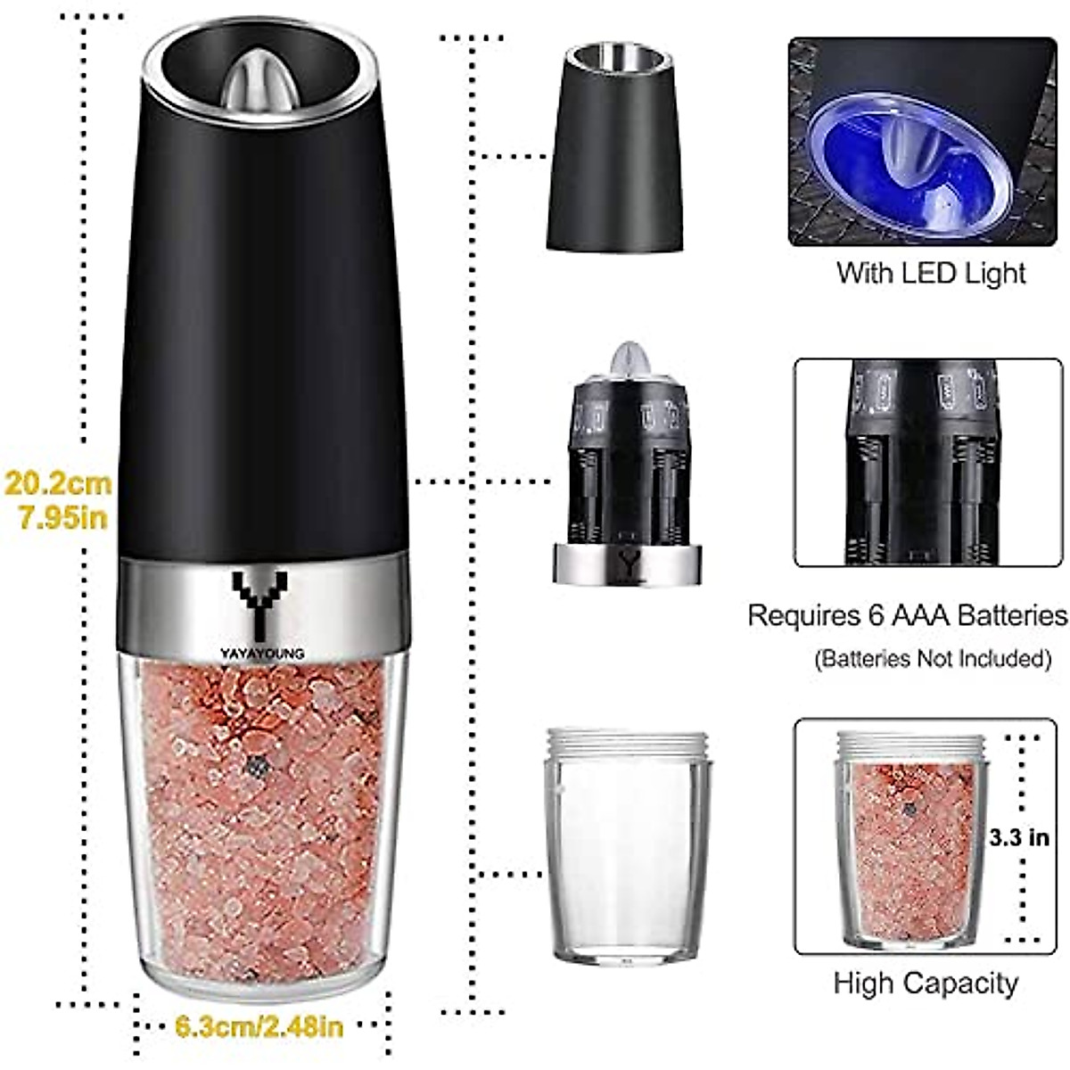 YAYAYOUNG Gravity Electric Grinder set of 2,Automatic Pepper and Salt Mill Grinder with Blue LED LIGHT,Electric Pepper Mill with Adjustable Coarseness,Refillable,salt and pepper shaker,pepper grinder