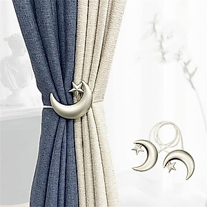 JINDIN Magnetic Star Moon Curtain Tiebacks, Curtain Tie Backs 2 Pack, Moon Star Curtain Holdbacks, Magnetic Weave Rope Curtain Buckle Hooks Clip for Home Office Decorative Curtain (Silver)