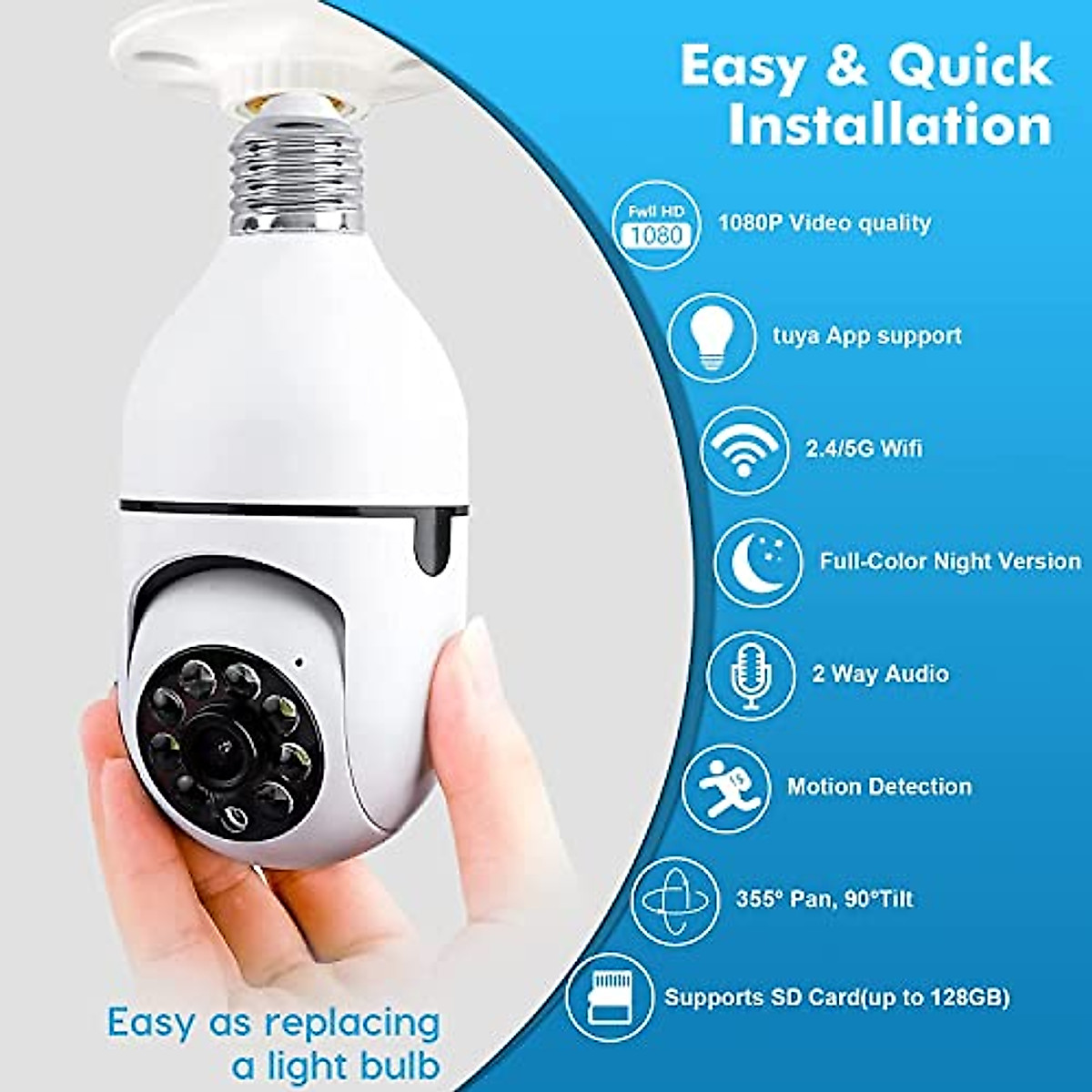 Light Bulb Security Camera 2.4GHz/5GHz WiFi 360 Wireless Light Bulb Camera for Home Security Motion Tracking Alarm, 1080P Light Socket Cameras Night Vision Two-Way Talk Compatible with Alexa, Tuya