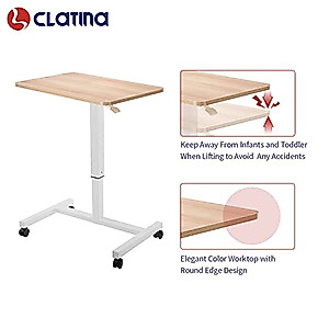 CLATINA Mobile Laptop Desk Pneumatic Sit to Stand Table Height Adjustable Rolling Cart with Lockable Wheels for Home Office Computer Workstation 28" x 19" Beige Round Edge Design Elegant