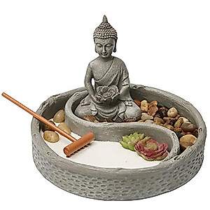 Nature's Mark Mini Zen Garden Kit for Desk with Lotus, Buddha Figures, Rake and Natural Sand River Rocks Table/Desk Décor Gift Set for Home and Office 6 x 6 Inches Round Base