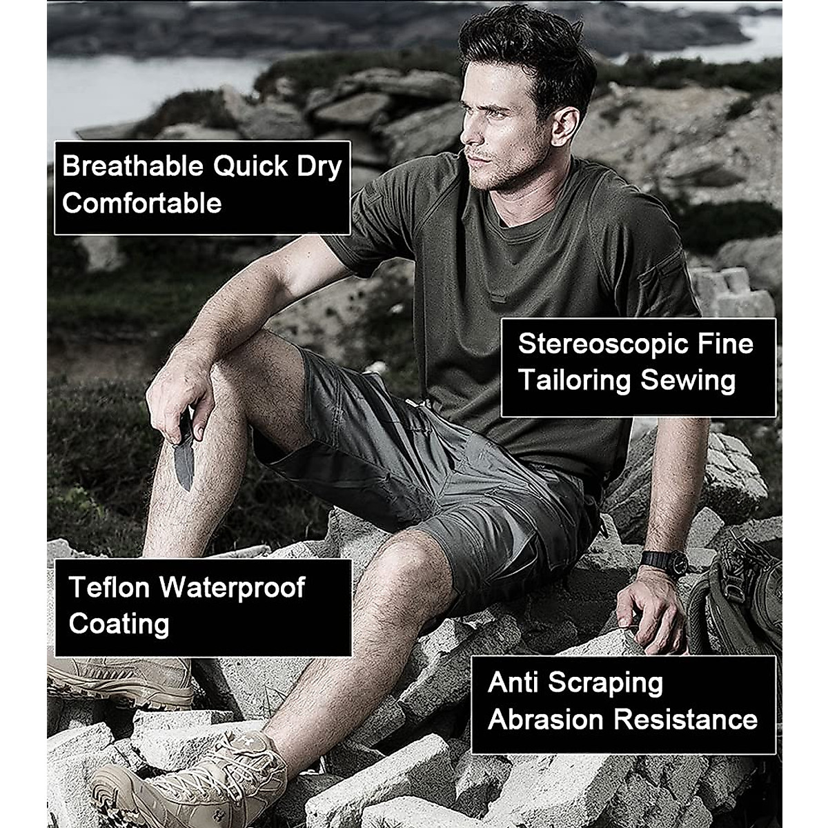 YAXHWIV Mens Tactical Shorts 11" Waterproof Hiking Fishing Breathable Quick Dry Cargo Short Shorts Regular(NO Belt) Black