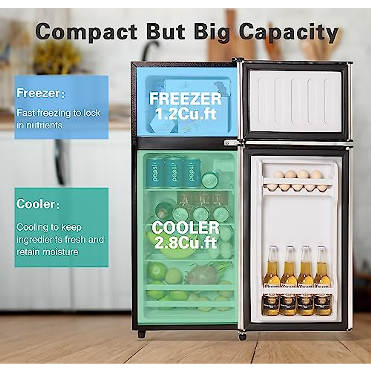 Anukis Compact Refrigerator 4.0 Cu Ft 2 Door Mini Fridge with Freezer For Apartment, Dorm, Office, Family, Basement, Garage, Silver