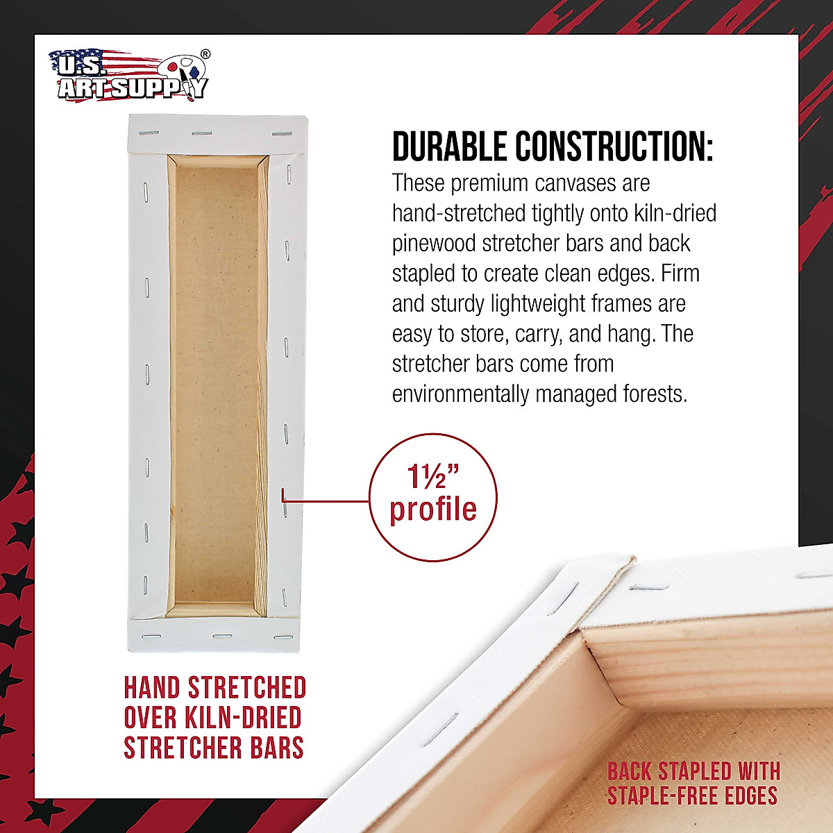 U.S. Art Supply 5-Pack Bulk White Stretched Canvas for Painting 4" x 12" Gallery Depth 1-1/2" Profile - Professional Artist Quality, 100% Cotton 12-Ounce Gesso Triple Primed for Acrylic Pouring, Oil