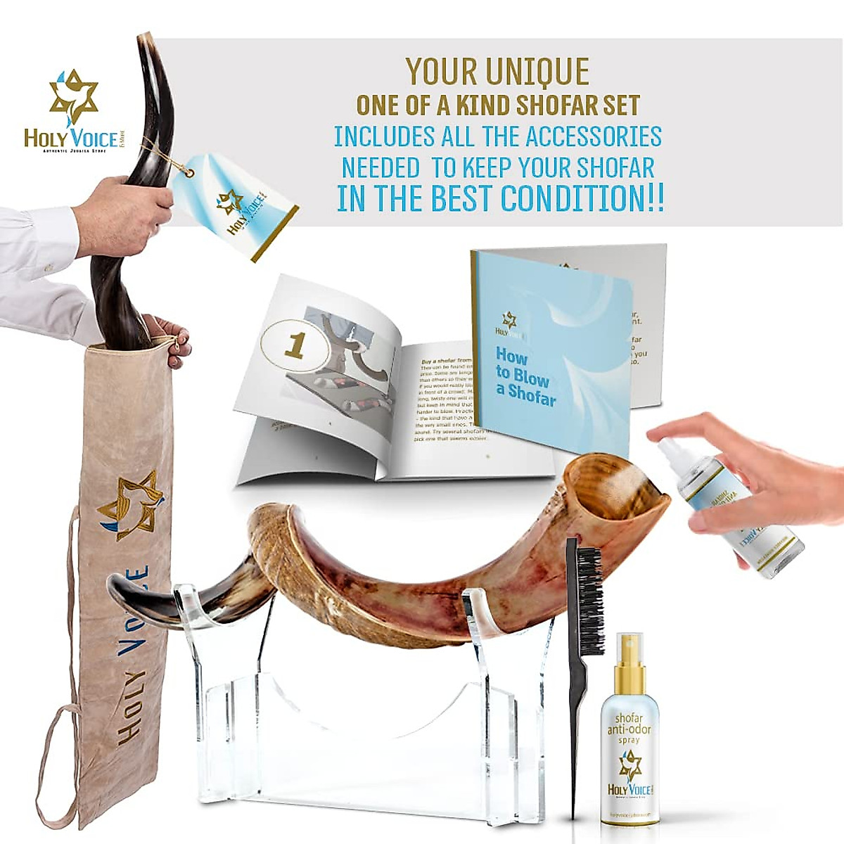 Kosher Kudu Shofar Horn from Israel – Traditional Half Polished Yemeni Shofar Includes Carrying Bag, Brush, Anti Odor Spray and Blowing Guide - Holy Easy Blowing Ancient Musical Instrument (36"-39")