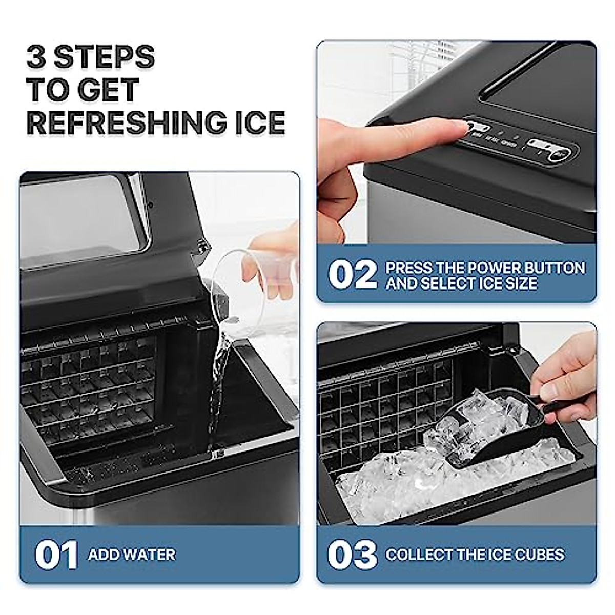 mollie Ice Machine Maker Countertop, 32 Ice Square Cubes Ready in 20 Mins, 33lbs/24 hrs, Self-Cleaning Ice Machine, 2 Size Ice Cubes for Kitchen Office Bar Party, 2.5L Water Tank