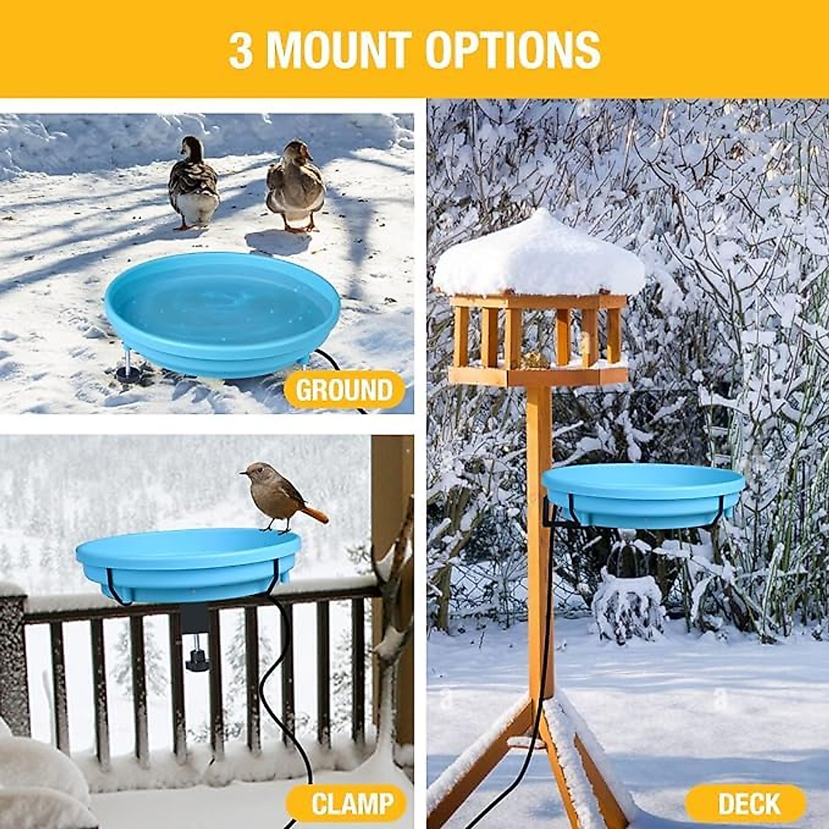 Tetuga Bird Bath Deck Mounted Bowl 12 Inches with Adjustable Clamp for Outdoor Bird Baths for Outside Weather Resistant Durable Birdbath for Garden Patio Lawn Yard Deck Railing (Blue)