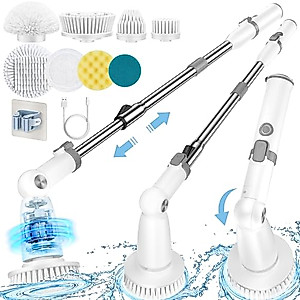 MABOGU Electric Spin Scrubber, Cordless Shower Scrubber with 8 Replaceable Brush Heads, Bathroom Scrubber Electric Dual Speeds, Shower Cleaning Brush with Extension Arm for Tub Tile Floor(Grey&White)