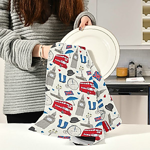 ALAZA Cartoon Big Ben Bus British Flag Kitchen Towels Dish Bar Tea Towel Dishcloths Set of 4 Super Absorbent Soft 18 x 28 inches