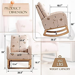 Cute Comfy Rocking Chair for Baby Nursery, Upholstered Rocker Chair with High Backrest and Side Pocket, Modern Armchair for Living Room, Glider Rocker with Solid Wood, Quiet Rocking Design, Beige