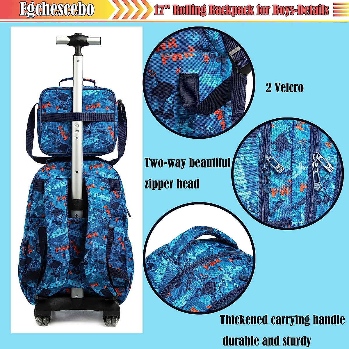 Egchescebo Boys Rolling Backpacks Kids Backpack with Wheels for School Bags Luggage With Wheels Trolley Wheeled Backpacks 3PCS 16“ Dinosaur Travel Bags Boys With Lunch Box Blue