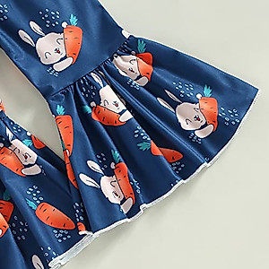Baby Girl Easter Outfits Short Sleeve Bunny Egg Print T-Shirt Long Flare Pants Clothing Set Toddler Summer Outfit (Blue+White,4-5T)