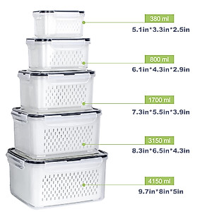 5 Pack Fruit Storage Containers for Fridge,Multi Food Storage Containers Removable Colander Storage Containers with Lid - Suitable for Fruits, Vegetables, Berries, Meat, etc