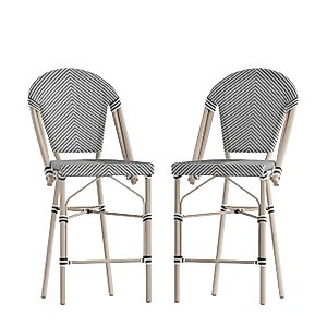 Flash Furniture Marseille Indoor/Outdoor Commercial Bistro Stacking Counter Stool - Black/White Textilene Back and Seat - Lt Natural Bamboo Metal Frame, 2 Pack