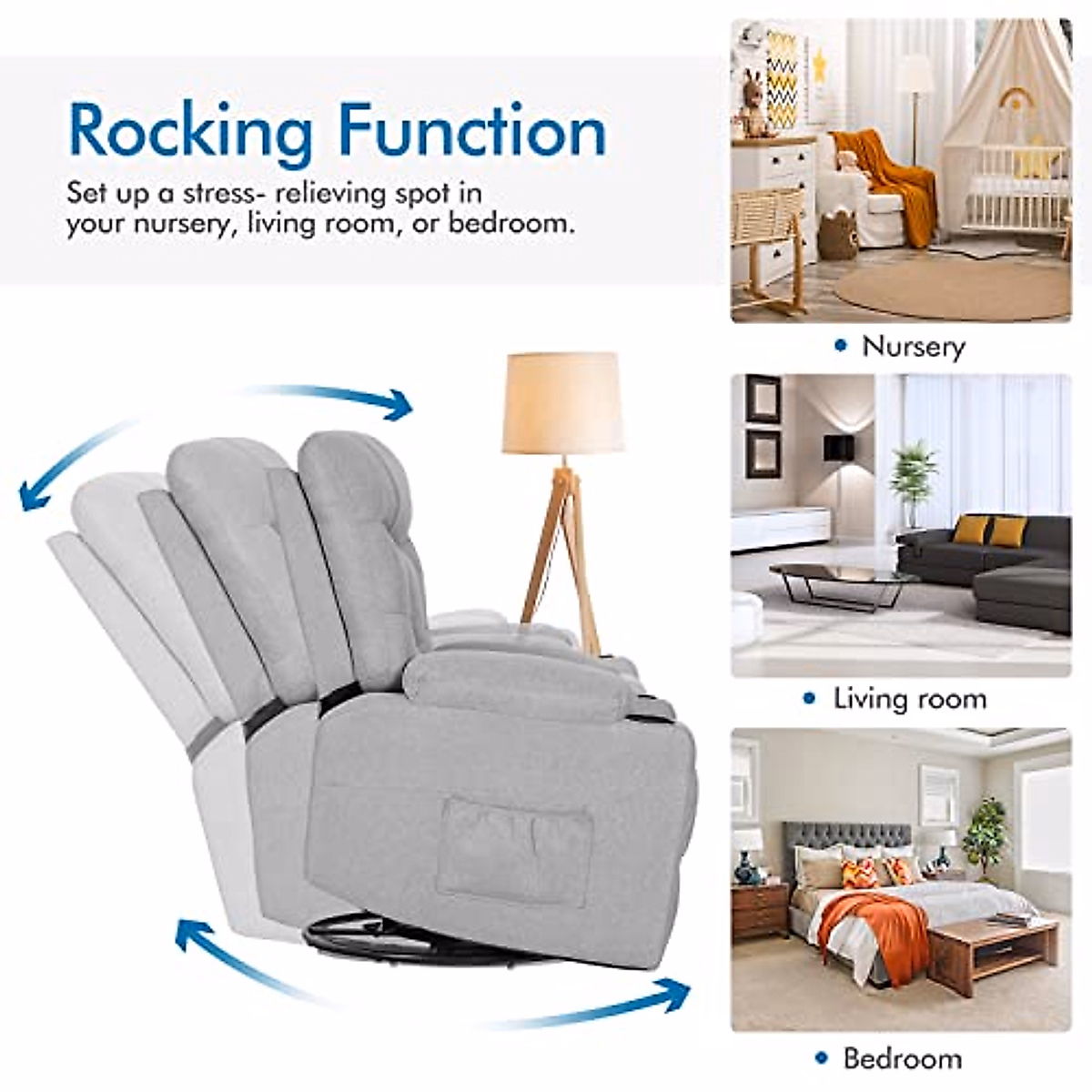 Giantex Swivel Rocker Recliner Chairs with Massage and Heating, 360 Degree Swivel Single Sofa w/Remote Control, 4 Pockets & 2 Cup Holders, Glider Chair for Nursery Living Room Bedroom (Grey)