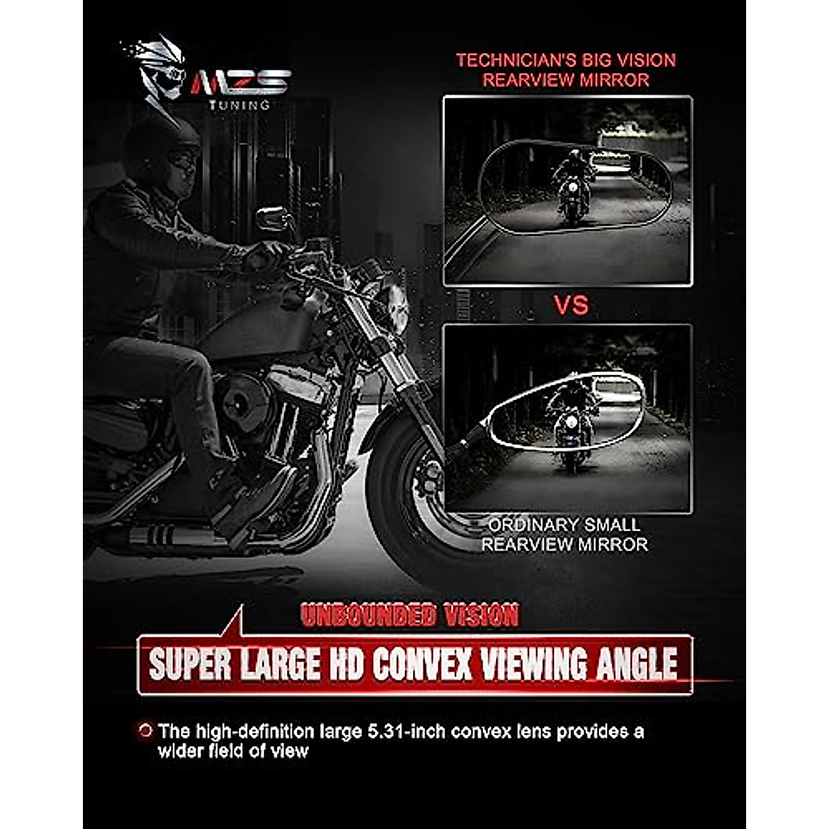 MZS Motorcycle Mirrors, Universal 8MM 10MM Bolts Handlebar Rear View Side mirror Black Compatible with Touring Cruiser Spostster Bobber Chopper Cafe Racer Tracker Street Naked Road Bike