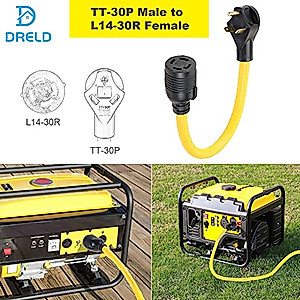 NEMA TT-30P Male to L14-30R Female Generator Adapter Cord, 30 Amp 3 Prong to 4 Prong Generator Transfer Switch Plug Adapter, RV Outdoor Generator Cord Plug to Inlet Box, 1.5FT