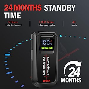 DBPOWER Jump Starter 2000A Peak Portable Car Jump Starter for Up to 8.0L Gas and 6.5L Diesel Engines, 12V Lithium Battery Booster Pack with 2.5" LCD Display, Smart Jumper Cables and LED Light