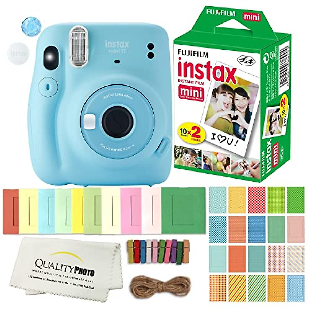 FUJIFILM INSTAX Mini 11 Instant Film Camera Plus Instax Film and Accessories Stickers, Hanging Frames and Microfiber Cloth (Sky Blue)…