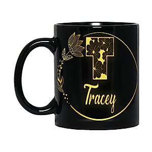Coffee Mug Personalized Tracey Name & Initial Letter Monogram Floral Alphabet Mug Golden Flowers Custom Black Coffee Cup, Gift for Her Mom Coworker Sister, Wife, Girl 11oz Black Mug 131156