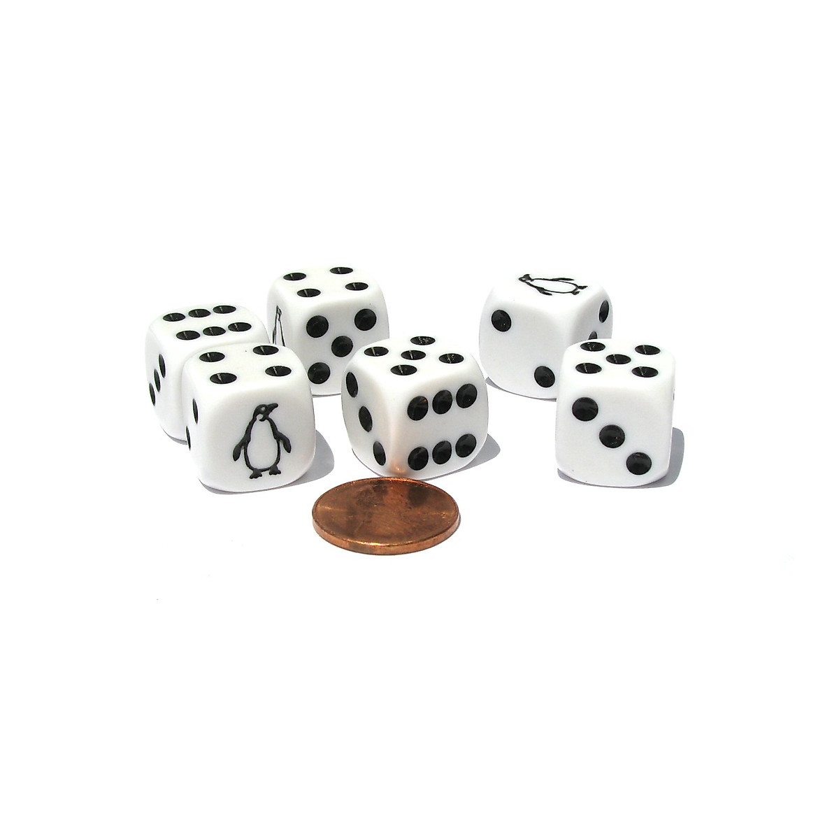 Set of 6 Penguin 16mm D6 Round Edged Koplow Animal Dice - White with Black Pips