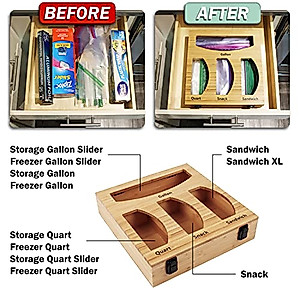 EIDEAL™ | Ziplock Bag Storage Organizer for Kitchen Drawer | Baggie Organizer | Ziploc Plastic Bag Storage | Space Saving Organization | Bamboo Organizer | Ziplock Bag Storage |