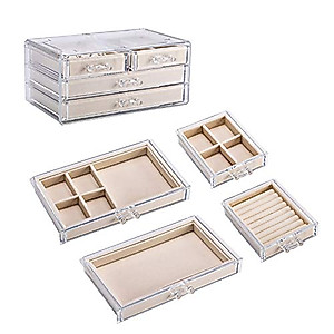 Acrylic Jewelry Box with 4 Drawers, Clear Velvet Jewellry Organizer Case, Earring Rings Necklaces Bangle Bracelets Display Storage Holder, Gift for Women, Girls