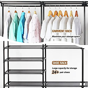 Kertnic 4-Tier Shoe, Boots Rack Storage Organizer for Entryway, Free Standing Black Versatile Shoe Shelf Stand with Coat Hanging Garment Rack for Bedroom (upgrade)