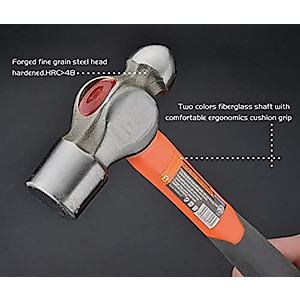 Edward Tools Ball Peen Hammer 16 oz. - Forged Fine Grain Steel Head - Ergonomic Rubber Cusion Grip - Fiberglass Shock Absorbing Shaft - Pein Hammer - Metal Work, Rounding, Blacksmith Hammer, Mechanics