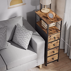 YBING Narrow Side Tables for Small Spaces, Slim Dresser with 4 Fabric Drawers, Small Chest of Drawers, Skinny Nightstand,Wood Brown